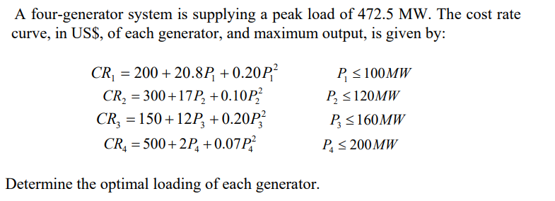 Solved A four-generator system is supplying a peak load of | Chegg.com