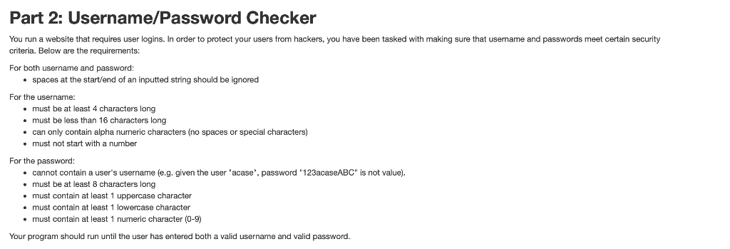 Solved Part 2: Username/Password Checker You run a website | Chegg.com