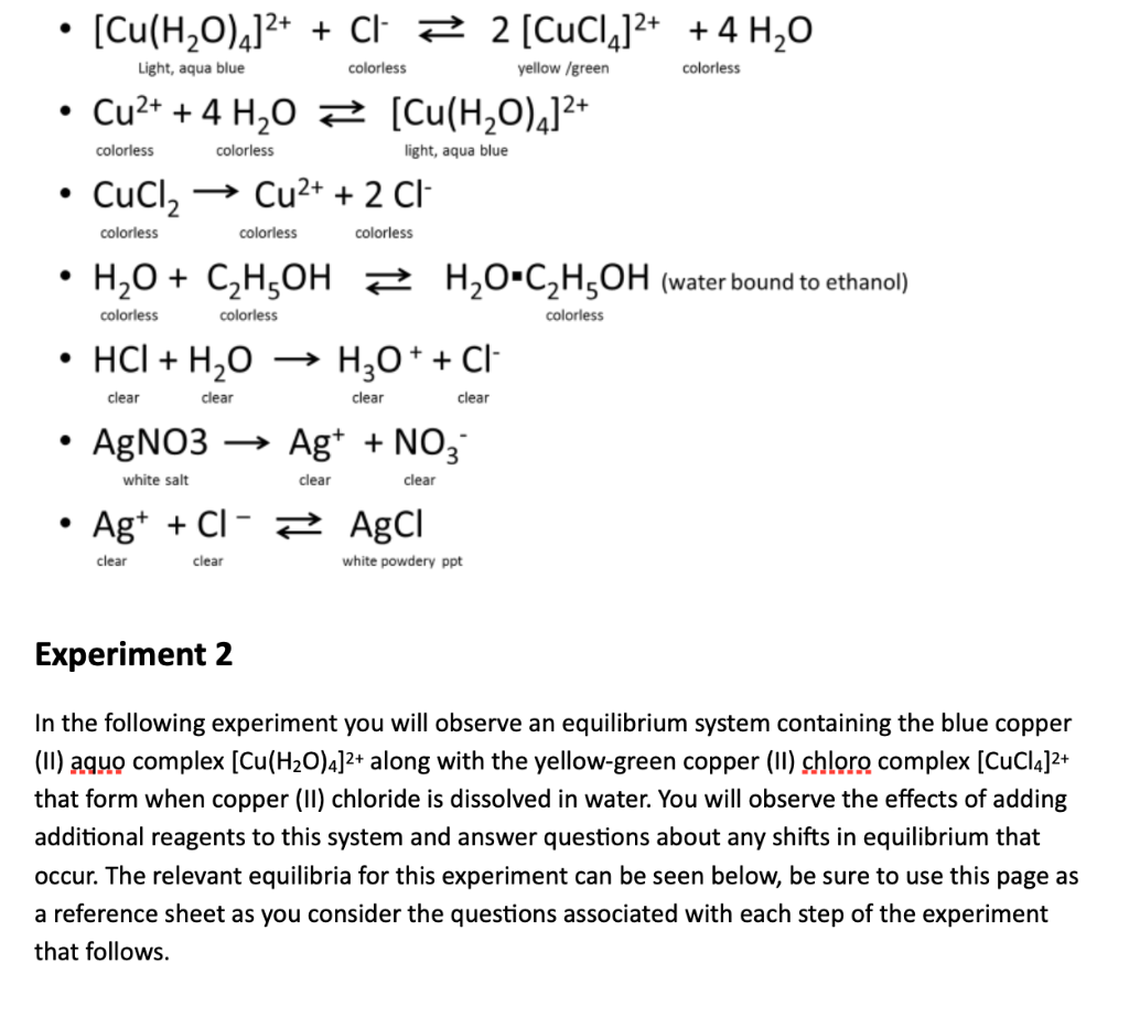 Solved [Cu(H2O),]2+ + Cl = 2 [CuCl,]2+ + 4 H2O Light, aqua | Chegg.com