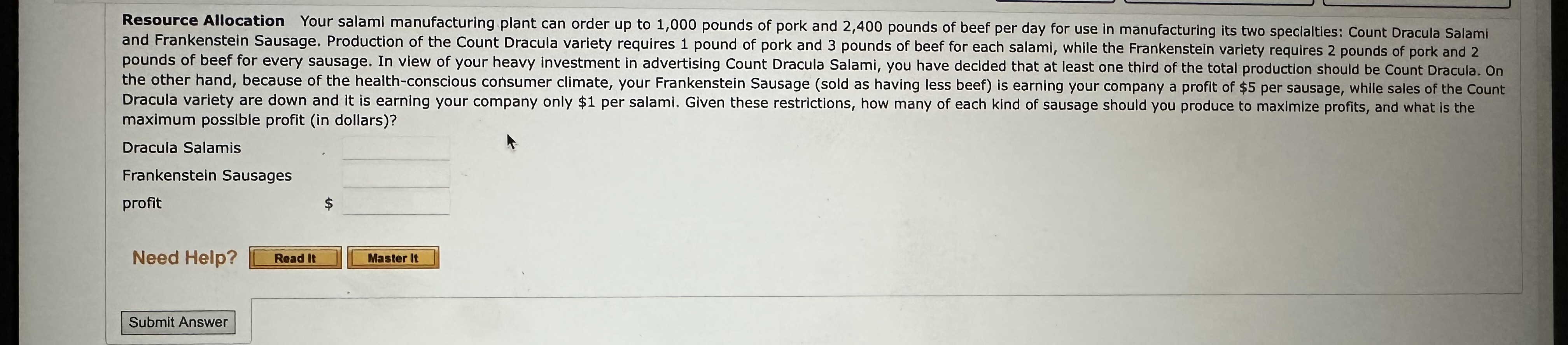 Solved Resource Allocation Your salami manufacturing plant | Chegg.com