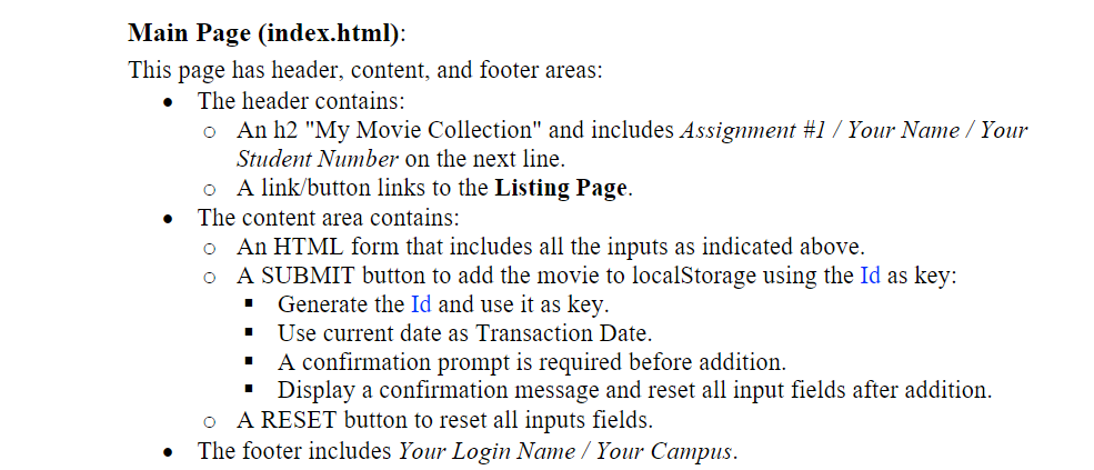 Solved Main Page (index.html): This page has header, | Chegg.com
