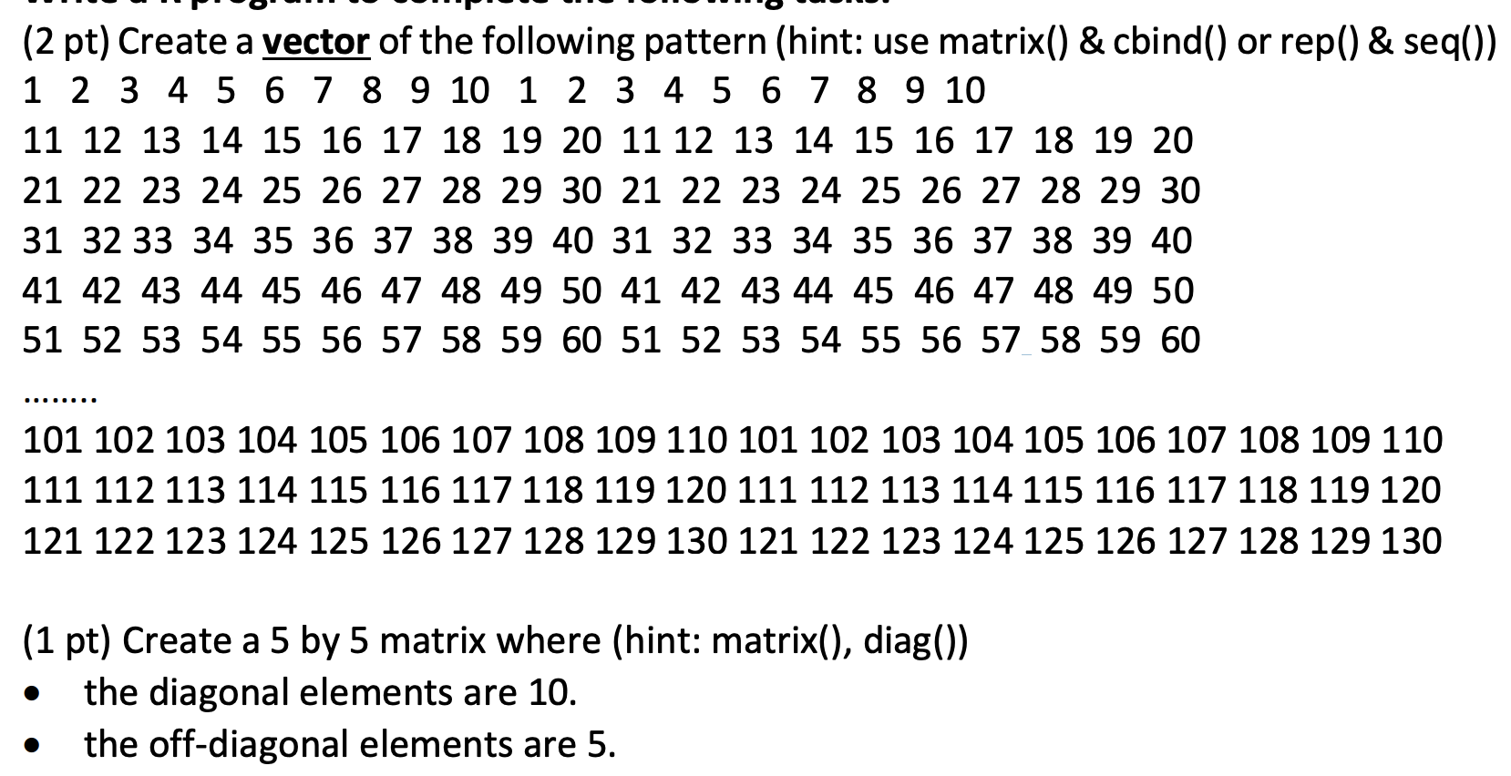 Solved (2 pt) Create a vector of the following pattern | Chegg.com