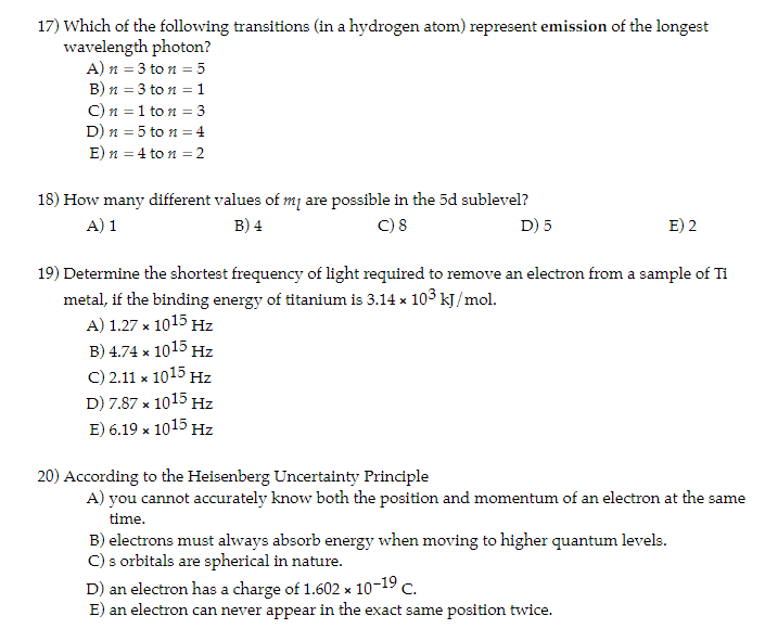 Solved 17 Which Of The Following Transitions In A Hydrogen Chegg