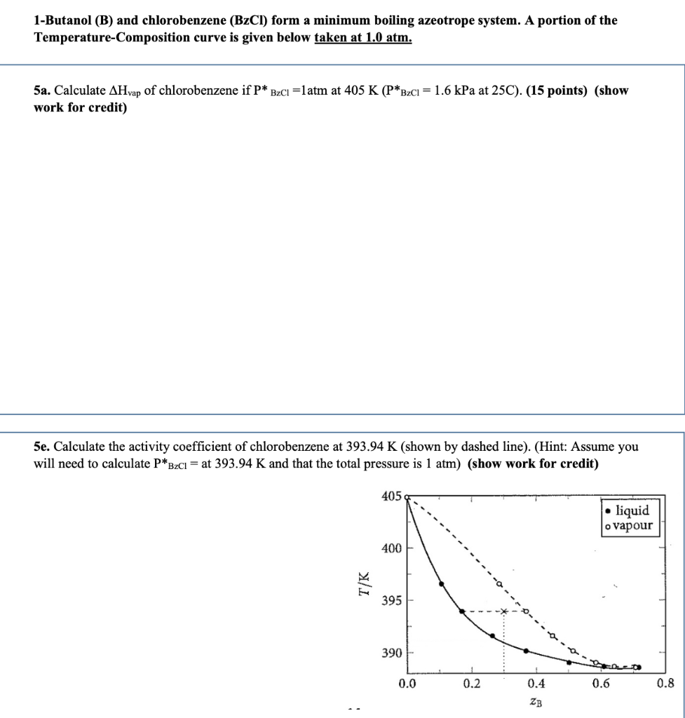Solved 1-Butanol (B) and chlorobenzene (BzCl) form a minimum | Chegg.com