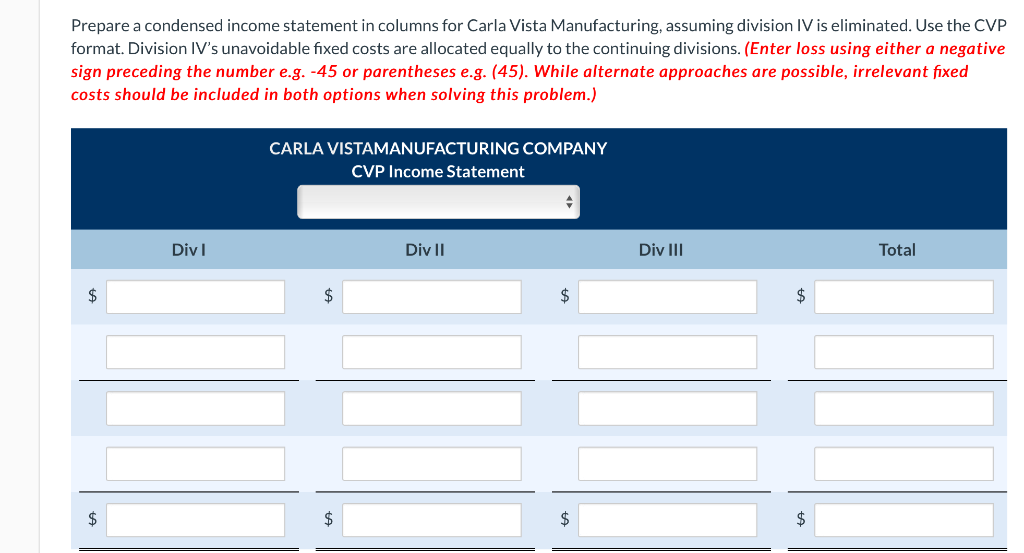 Solved Carla Vista Manufacturing Company has four operating | Chegg.com