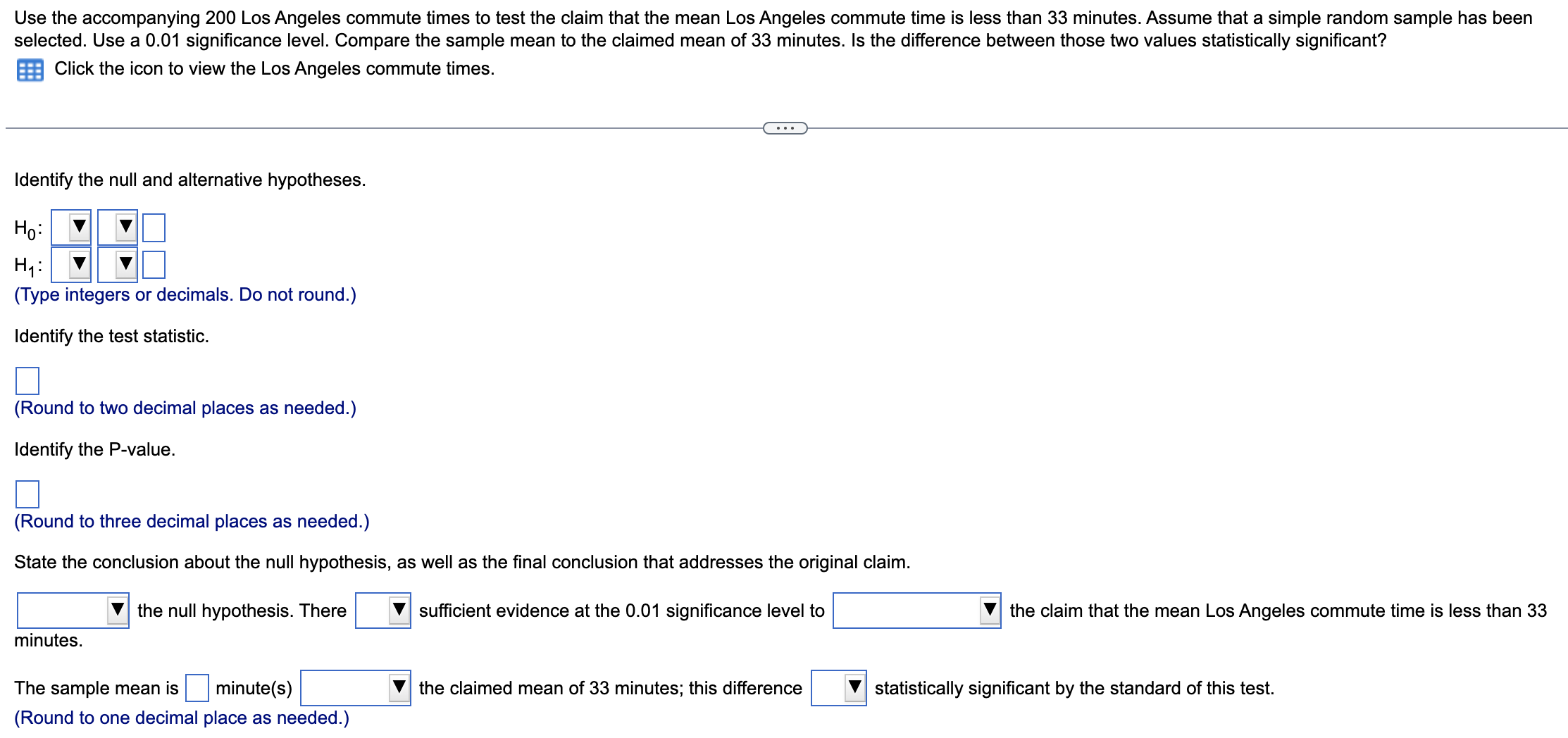 Solved Click the icon to view the Los Angeles commute times. | Chegg.com