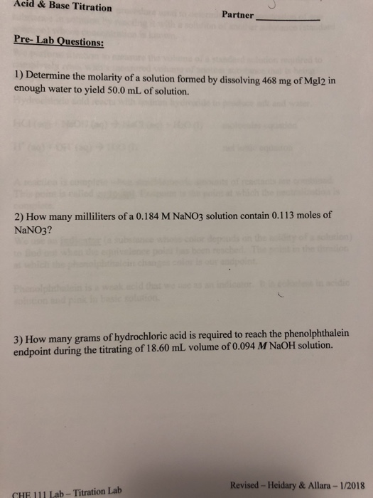 Solved Acid & Base Titration Partner Pre- Lab Questions: 1) | Chegg.com