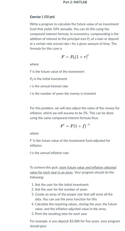 Solved Part 2: MATLAB Exercise 1 (50 pts) Write a program to | Chegg.com