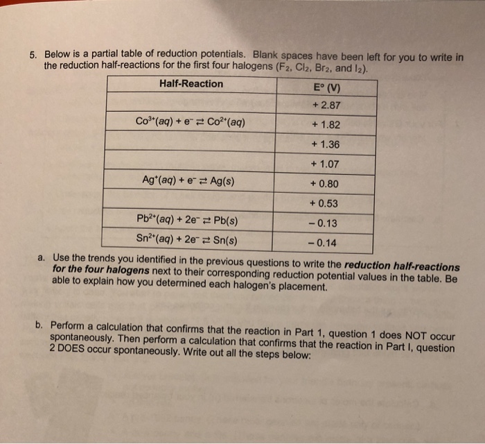 Solved 5. Below is a partial table of reduction potentials. | Chegg.com