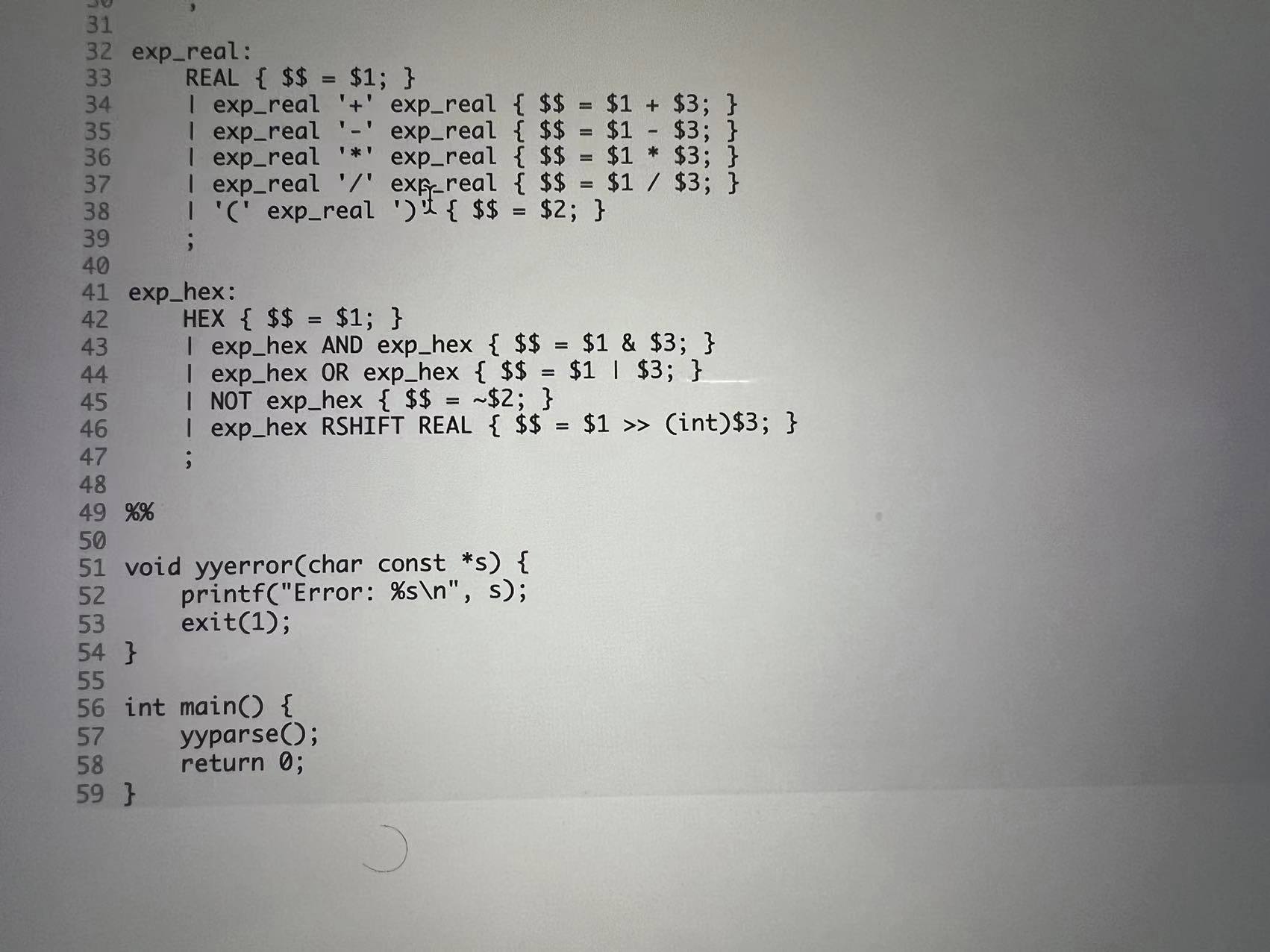 Solved %{ \#include \#include "calc.tab.h" %3 %% [0−9]+{ | Chegg.com