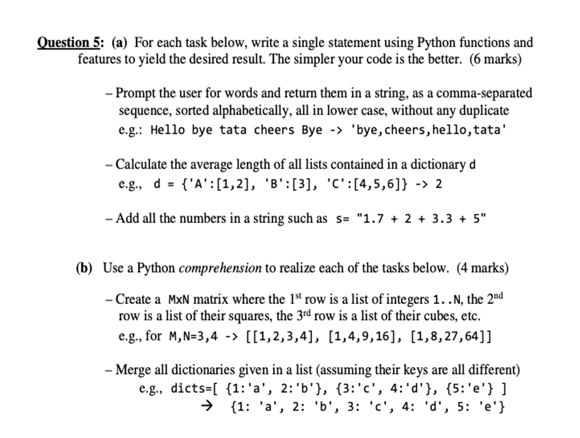 Solved estion 5: (a) For each task below, write a single | Chegg.com