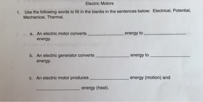 Solved Electric Motors Use the following words to fill in | Chegg.com