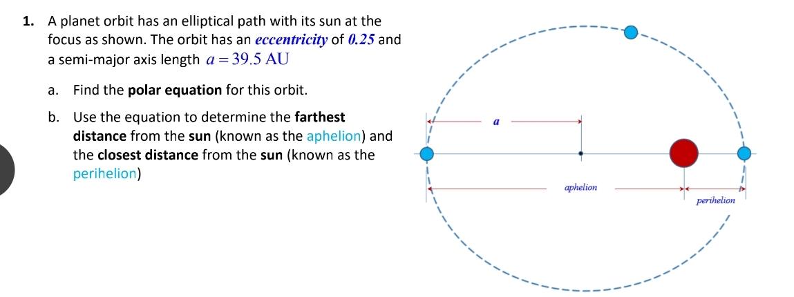 Solved 1. A planet orbit has an elliptical path with its sun | Chegg.com