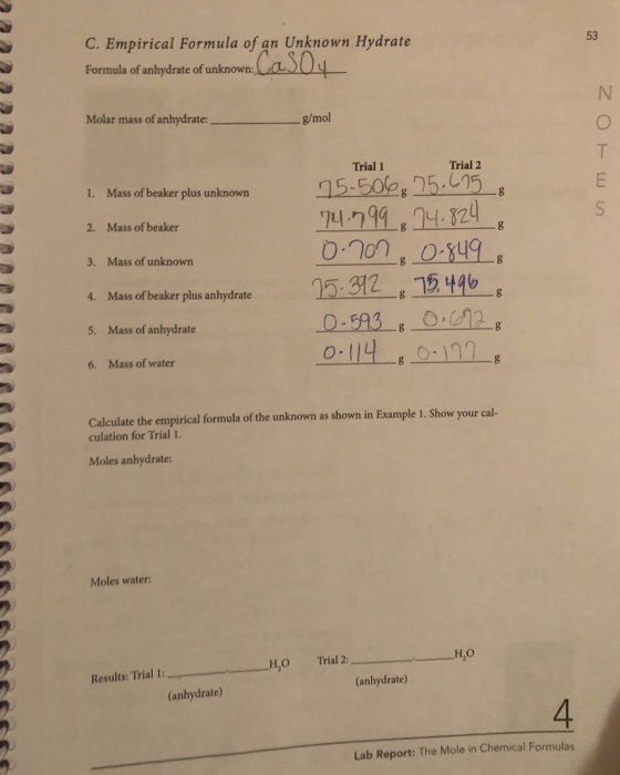 Solved C. Empirical Formula of an Unknown Hydrate Formula of | Chegg.com