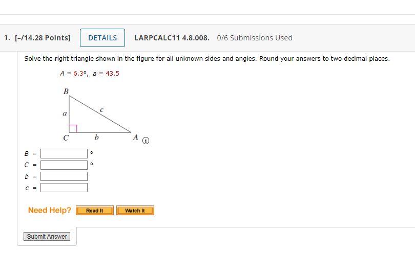 Solved Solve the right triangle shown in the figure for all | Chegg.com