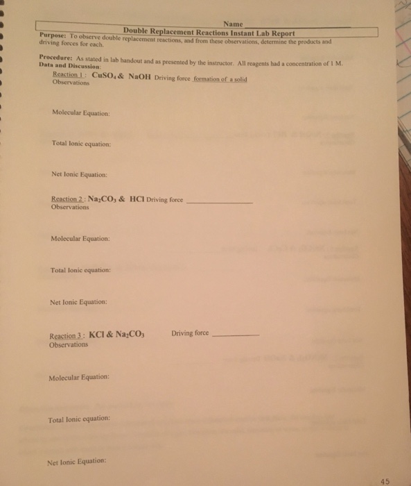 Solved Name Double Replacement Reactions Instant Lab Report | Chegg.com