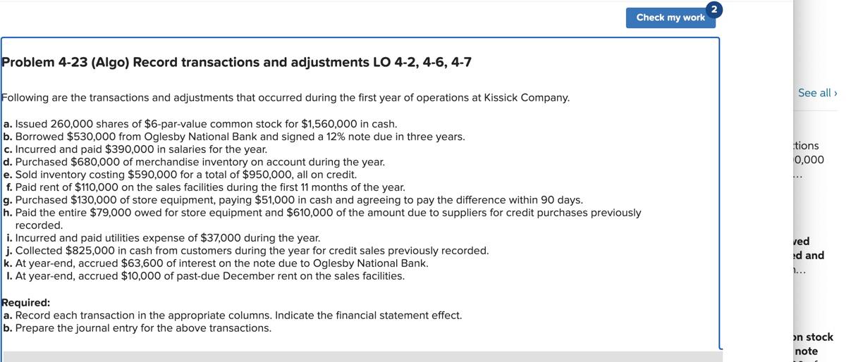 Solved Problem 4-23 (Algo) Record transactions and | Chegg.com