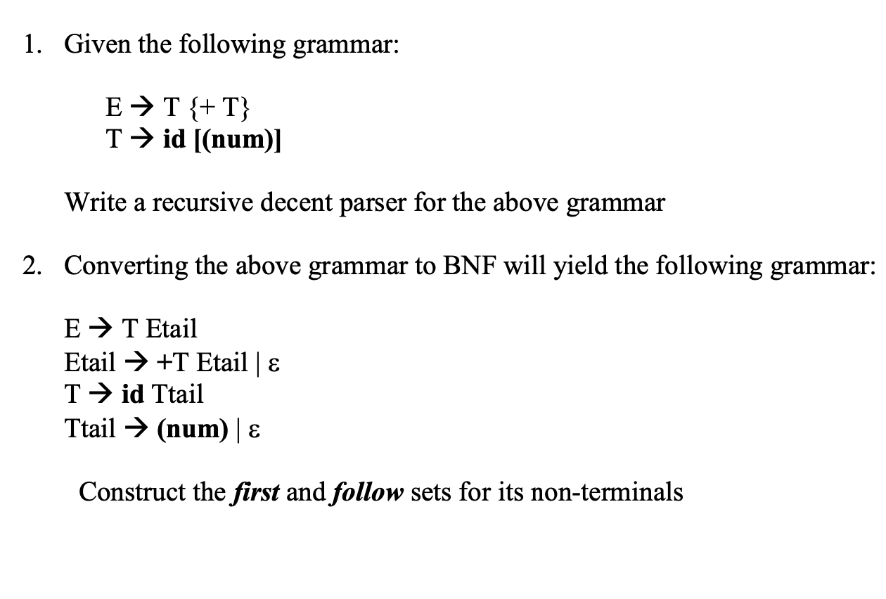 Solved 1. Given the following grammar: E→T{+T}T→ id [(num)] | Chegg.com