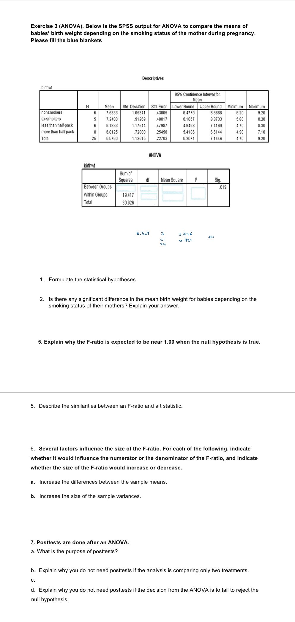Solved Exercise 3 (ANOVA). Below is the SPSS output for | Chegg.com