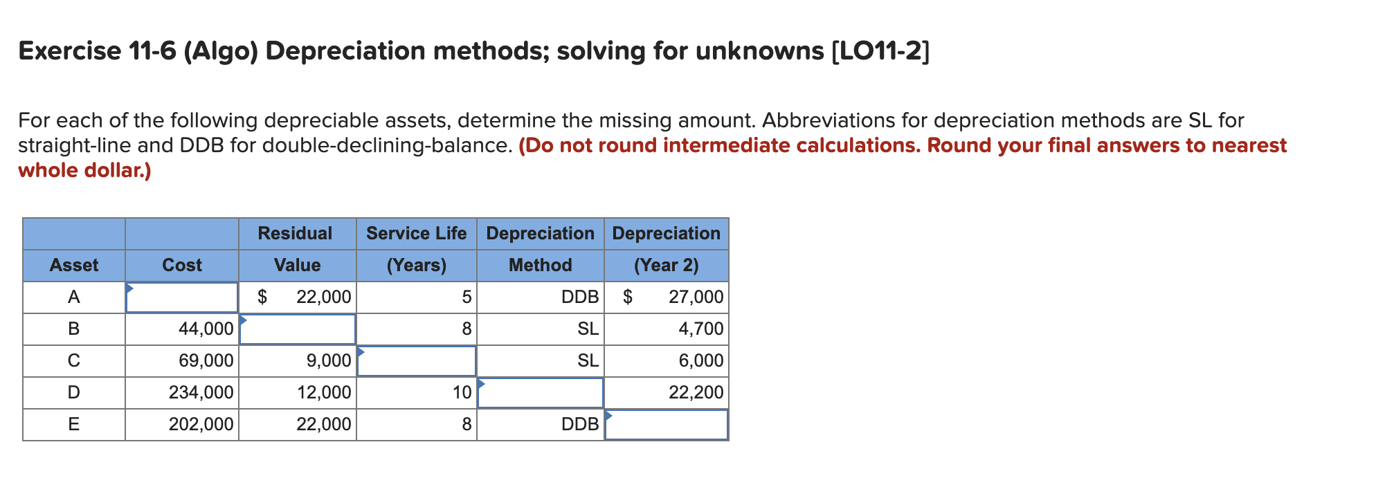 Solved Exercise 11-6 (Algo) Depreciation methods; solving | Chegg.com Solved Exercise 11-6 (Algo) Depreciation methods; solving | Chegg.com