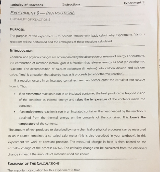 Solved Instructions Experiment 9 Enthalpy of Reactions | Chegg.com