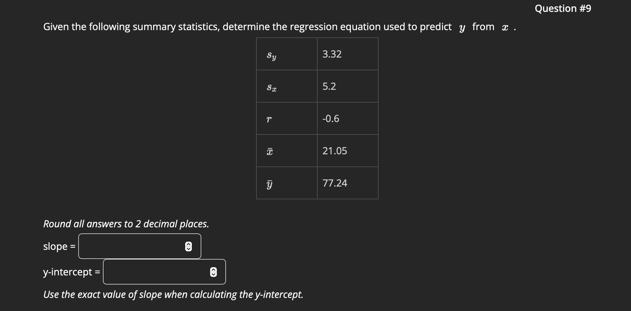 Solved Question #9Given the following summary statistics, | Chegg.com