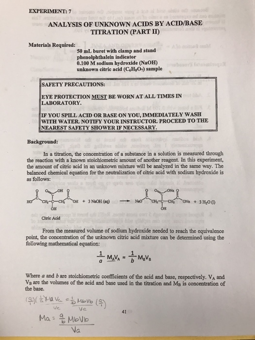 Solved EXPERIMENT: 7 ANALYSIS OF UNKNOWN ACIDS BY ACID/BASE | Chegg.com