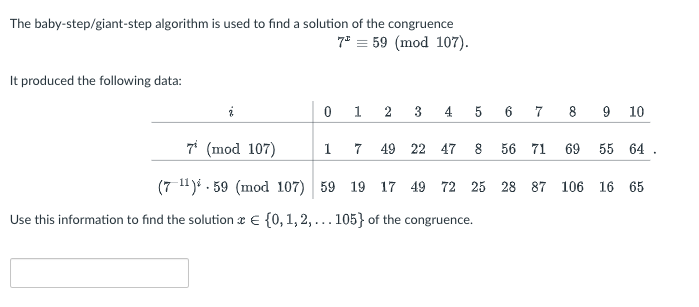 Solved The baby-step/giant-step algorithm is used to find a | Chegg.com