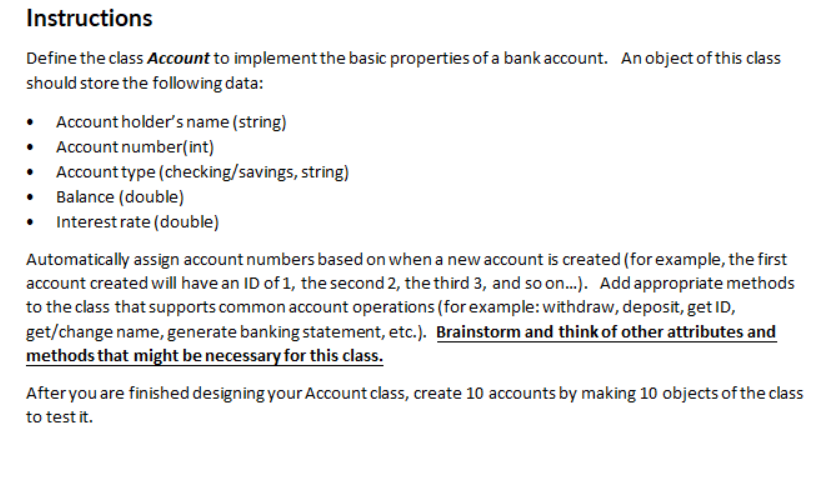 Solved Instructions Define the class Account to implement | Chegg.com