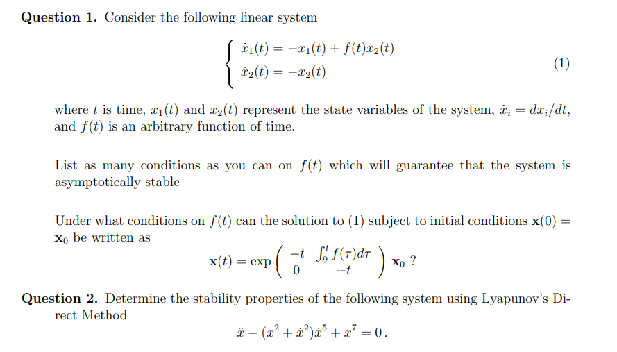 Solved Question 1. Consider the following linear system | Chegg.com