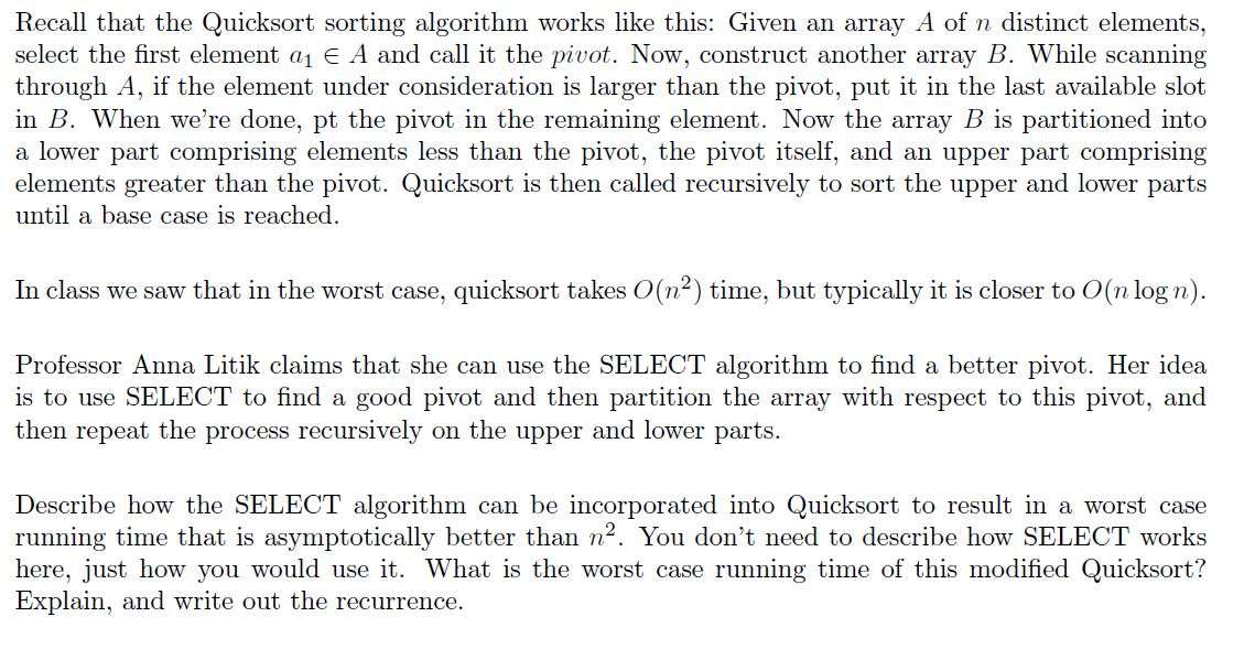 Solved Recall That The Quicksort Sorting Algorithm Works 6803