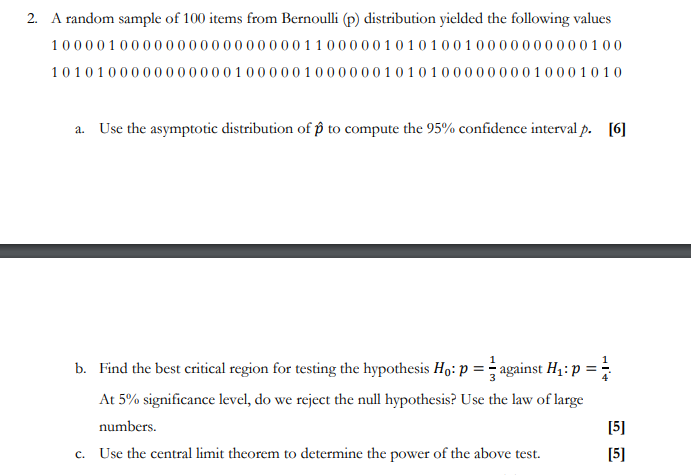 Solved 2. A random sample of 100 items from Bernoulli (P) | Chegg.com