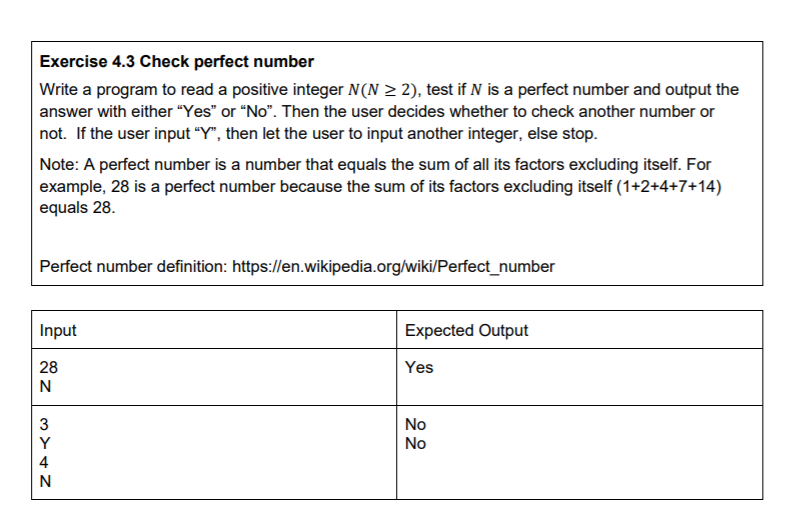 Solved Exercise 4.3 Check perfect number Write a program to | Chegg.com