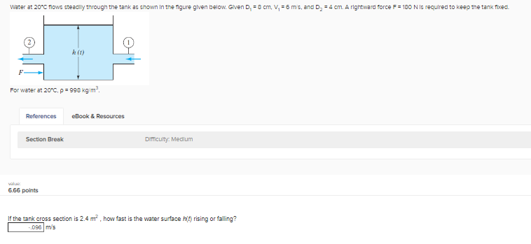 Solved Water at 20°C flows steadily through the tank as | Chegg.com