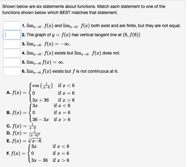 Solved Shown below are six statements about functions. Match | Chegg.com