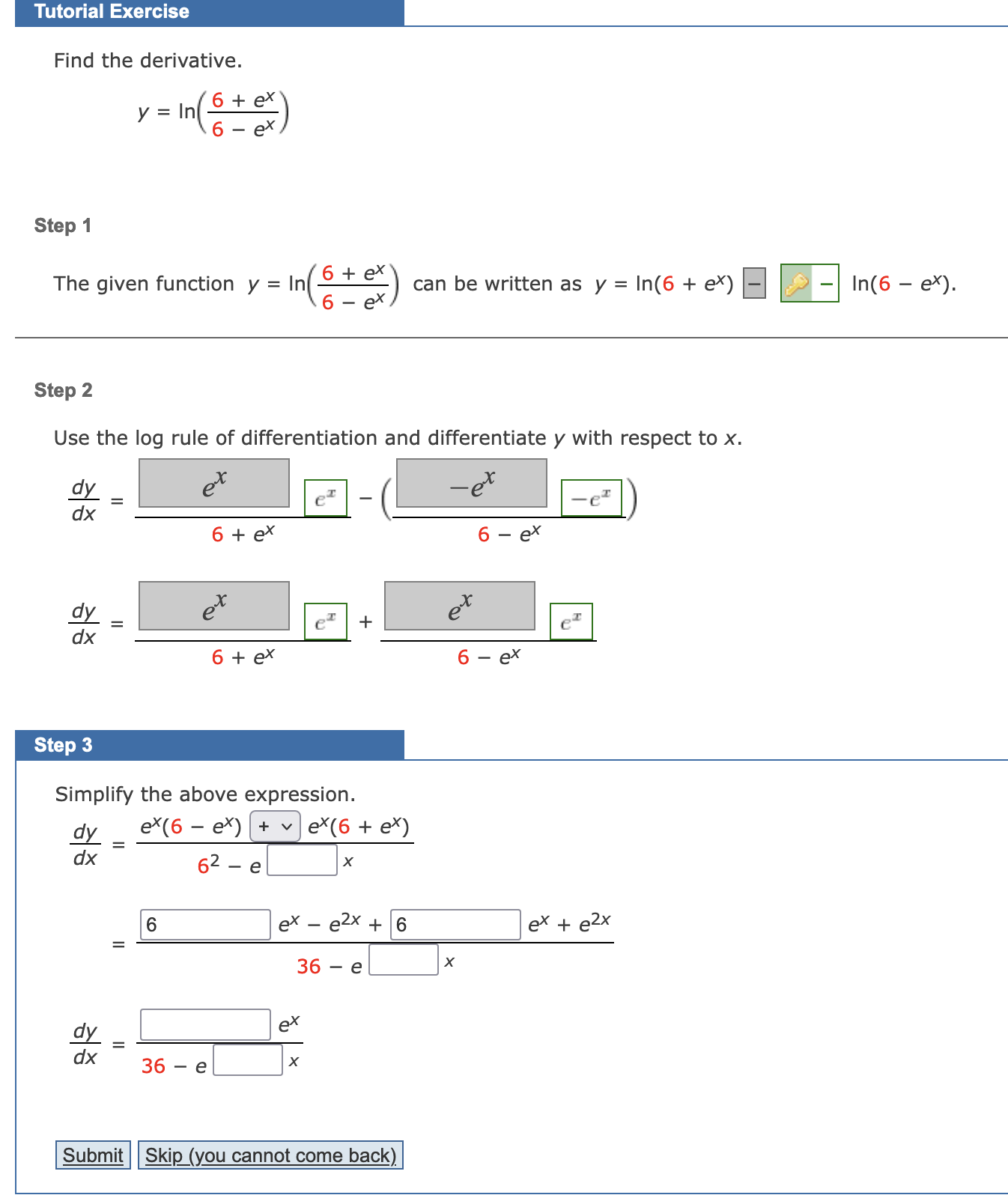 Solved Find The Derivative Y Ln 6−ex6 Ex Step 1 The Given