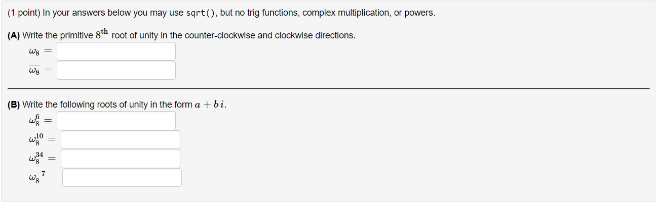 Solved (1 point) In your answers below you may use sqrt(), | Chegg.com