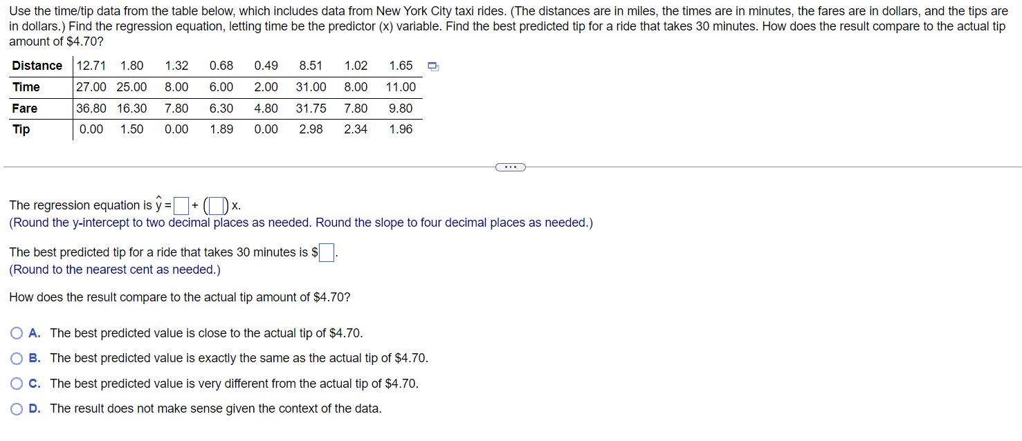 Solved Use the time/tip data from the table below, which | Chegg.com