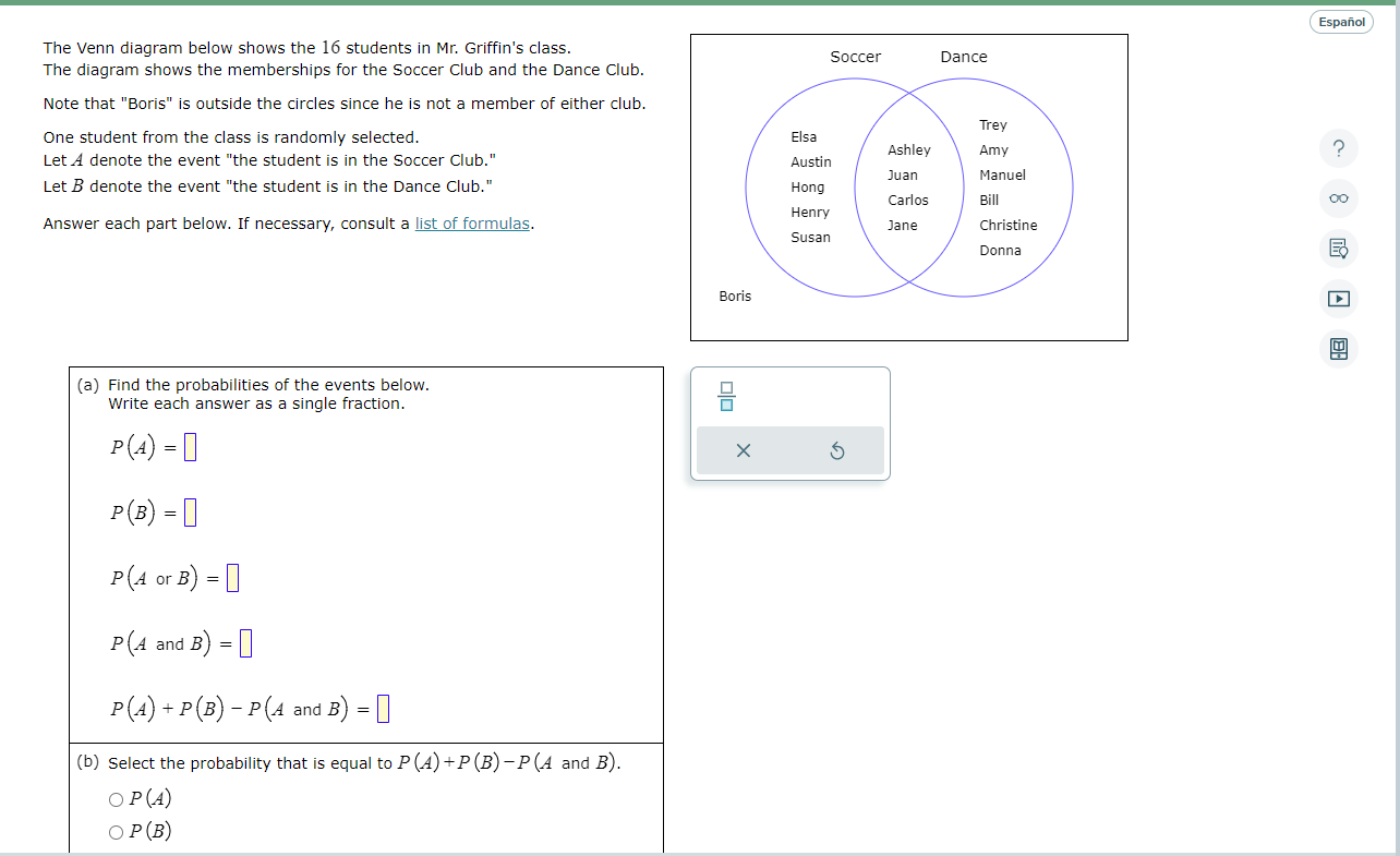 Solved The Venn diagram below shows the 16 ﻿students in Mr. | Chegg.com