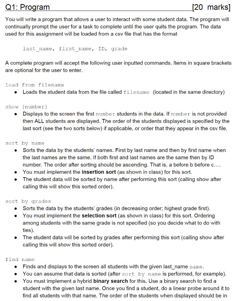 Q1: Program [20 marks] You will write a program that | Chegg.com