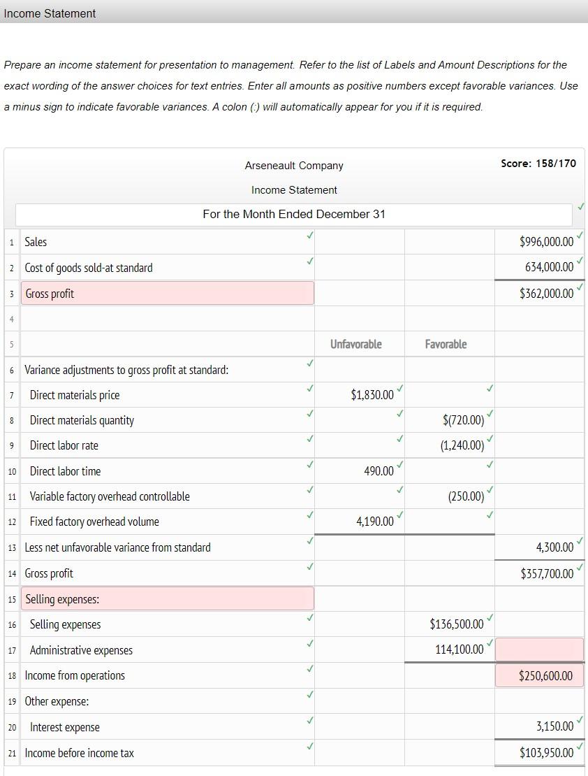 Solved Income Statement Indicating Standard Cost Variances | Chegg.com