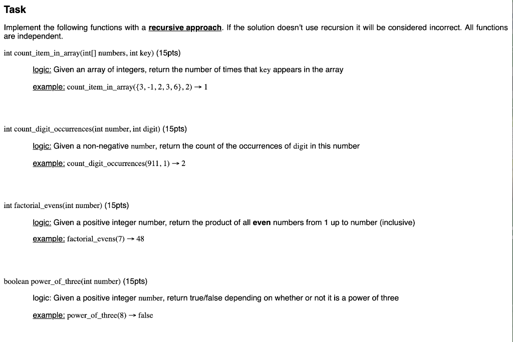 Solved Task Implement the following functions with a | Chegg.com