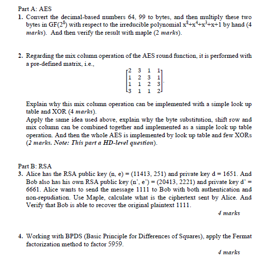 Solved Part A: AES 1. Convert the decimal-based numbers 64, | Chegg.com