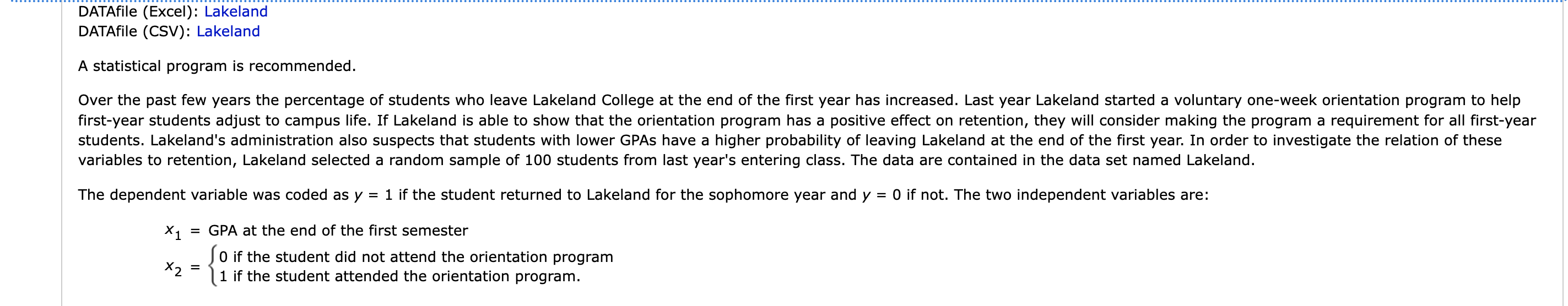 DATAfile (Excel): Lakeland DATAfile (CSV): Lakeland A | Chegg.com