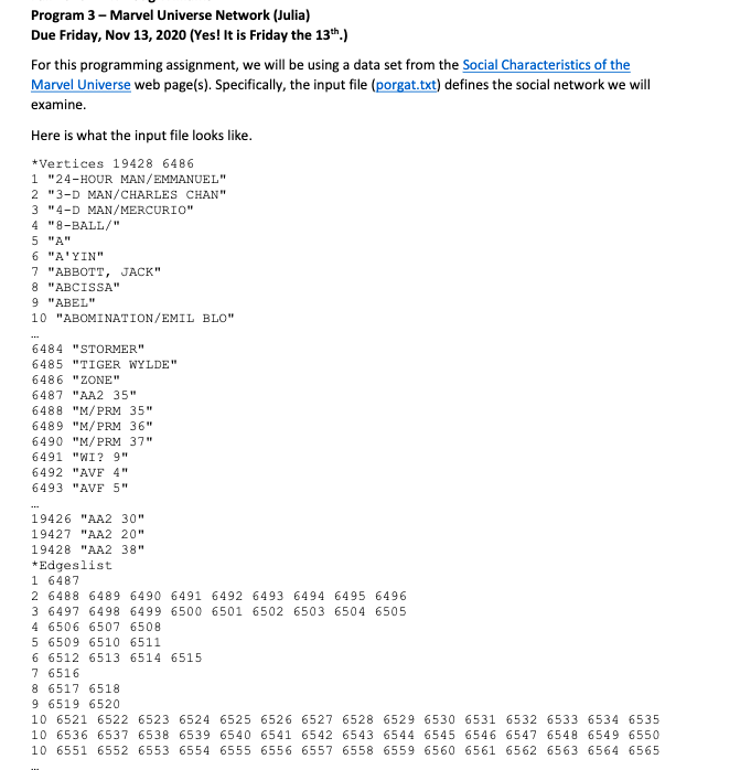 Program 3 - Marvel Universe Network (Julia) Due | Chegg.com