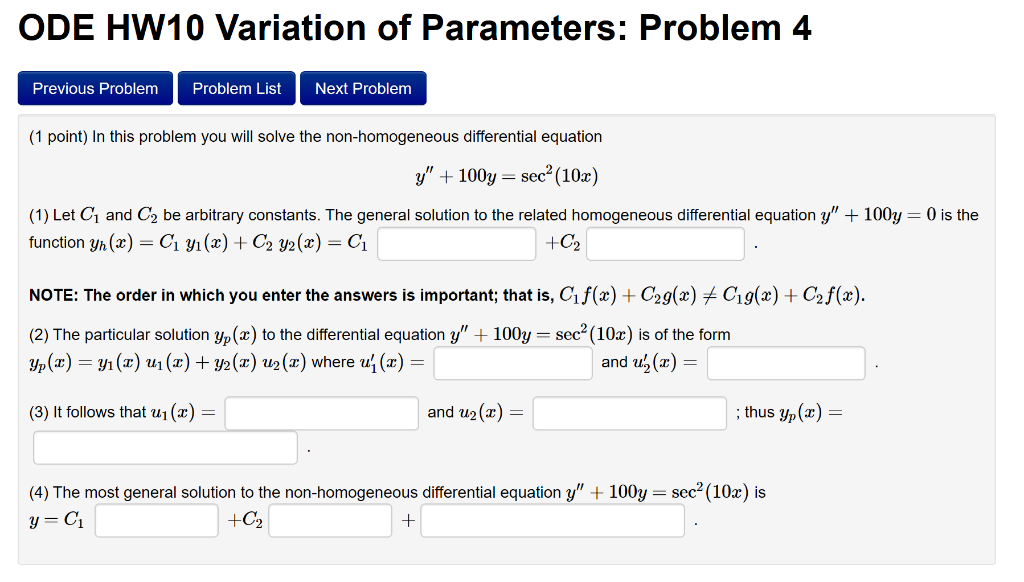 Solved ODE HW10 Variation of Parameters: Problem 4 Problem | Chegg.com
