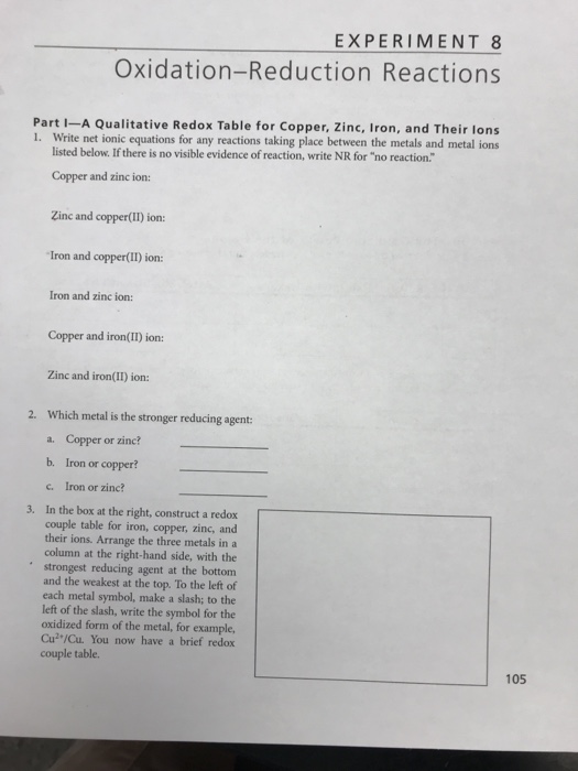 Solved EXPERIMENT 8 Oxidation-Reduction Reactions Part I-A | Chegg.com