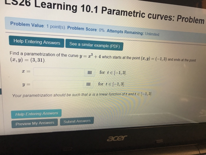 Solved S26 Learning 10.1 Parametric curves: Problem Problem | Chegg.com
