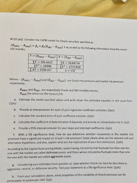 Solved IN-(15 pts) Consider the CAPM model for Oracle | Chegg.com