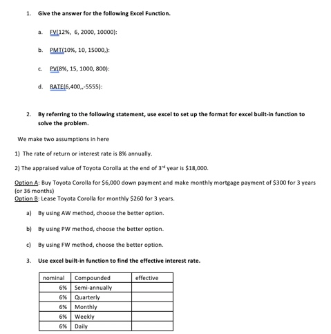 Solved 1. Give the answer for the following Excel Function. | Chegg.com